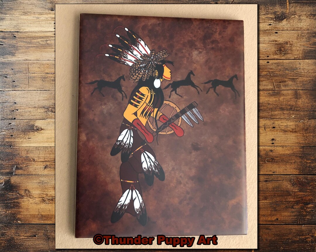Native American Artist Tile, 6x8 Inch Ceramic Tile With Easel Back. Dog ...