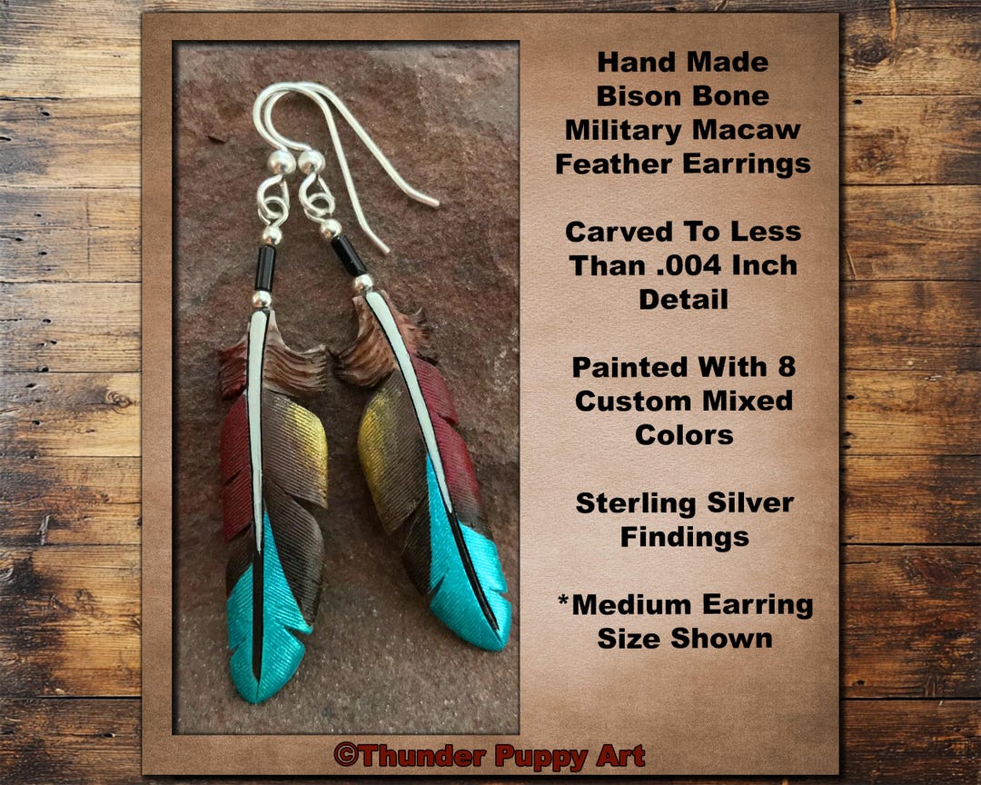 Hand Carved Bison Bone Military Macaw Feather Earrings, Sterling Silver ...