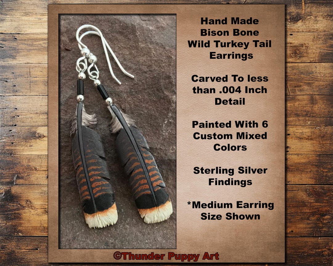 Hand Carved Bison Bone Wild Turkey Tail Feather Earrings, Sterling ...
