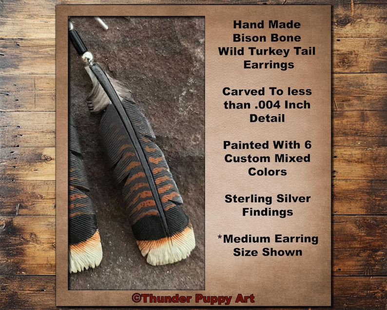 Hand Carved Bison Bone Wild Turkey Tail Feather Earrings, Sterling ...