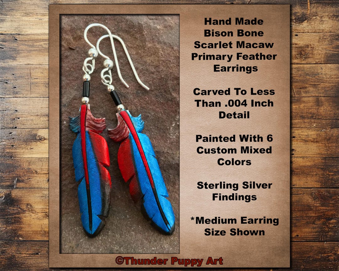 Hand Carved Bison Bone Scarlet Macaw Feather Earrings, Sterling Silver ...