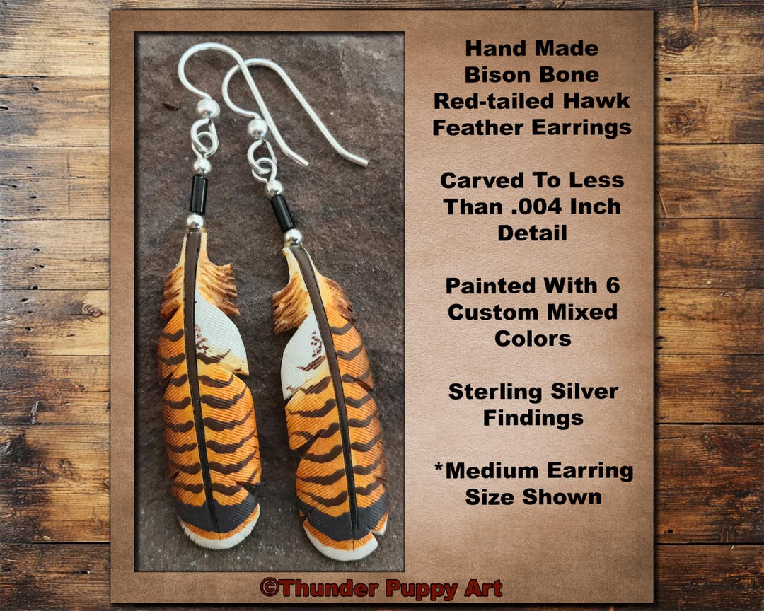 Hand Carved Bison Bone Red-tailed Hawk Feather Earrings, Sterling ...