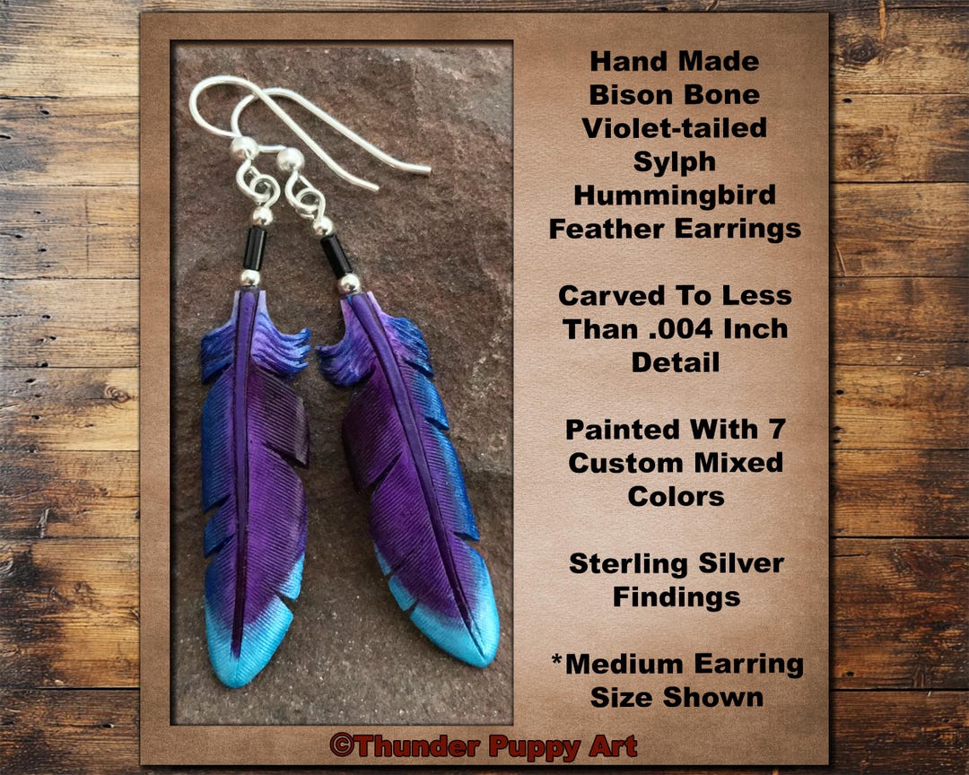 Hand Carved Bison Bone Violet-tailed Sylph Hummingbird Feather Earrings ...