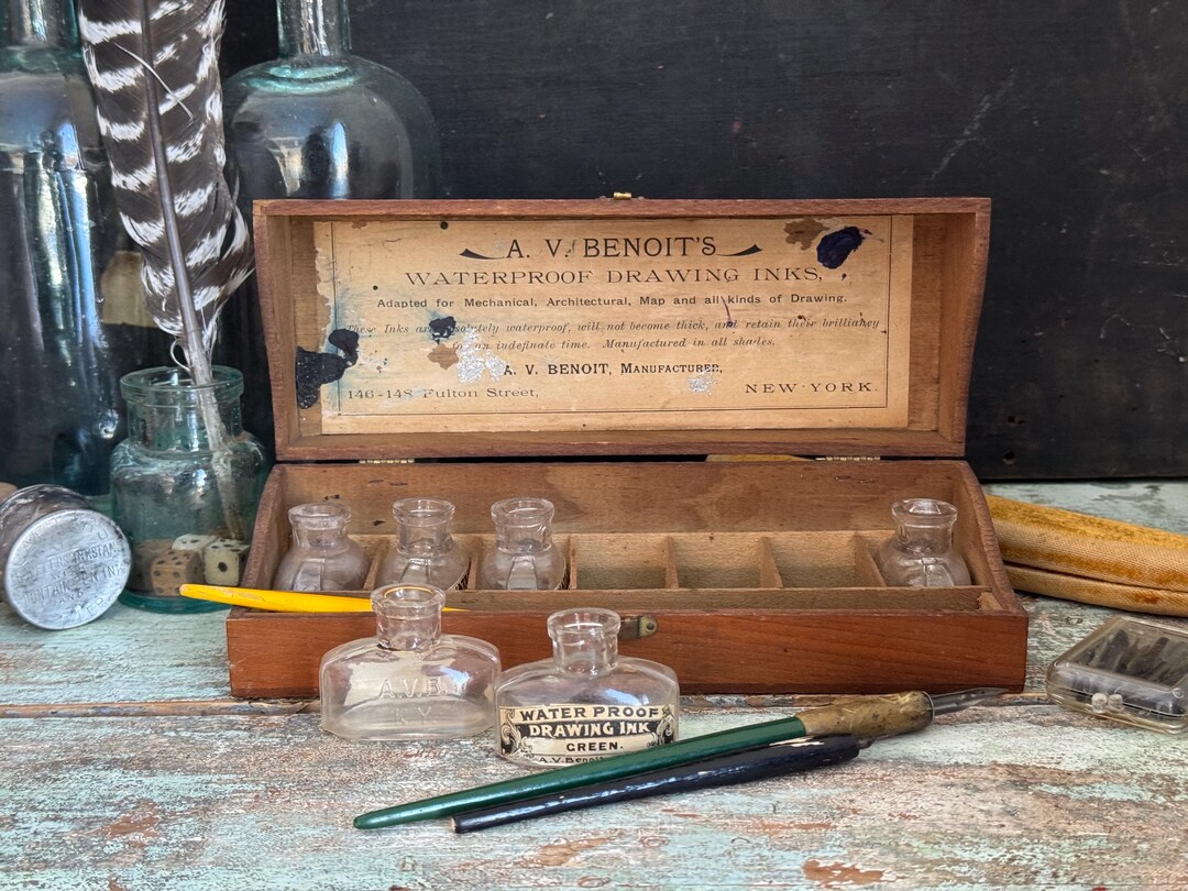 Vintage Wooden Inkwell Box With Advertisement Label and Original ...