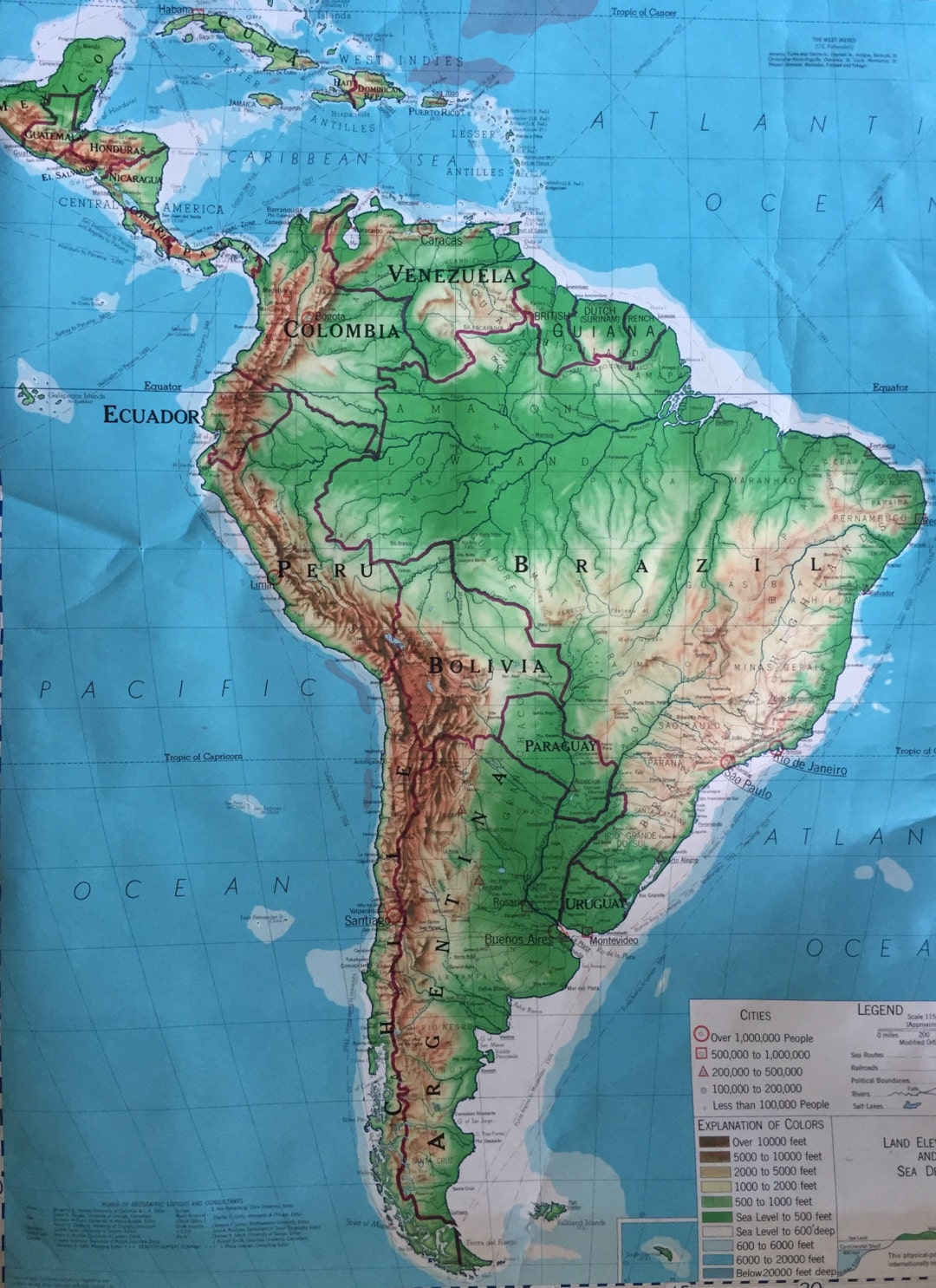 Vintage Physical Map of the South American Continent - School Wall Pull ...