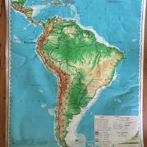 Vintage Physical Map of the South American Continent - School Wall Pull ...