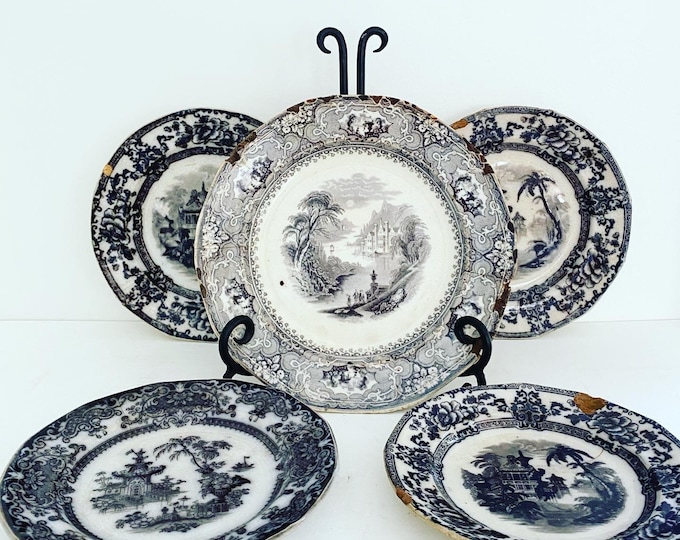 Antique Black Flow / Transfer Ware Plates - Etsy