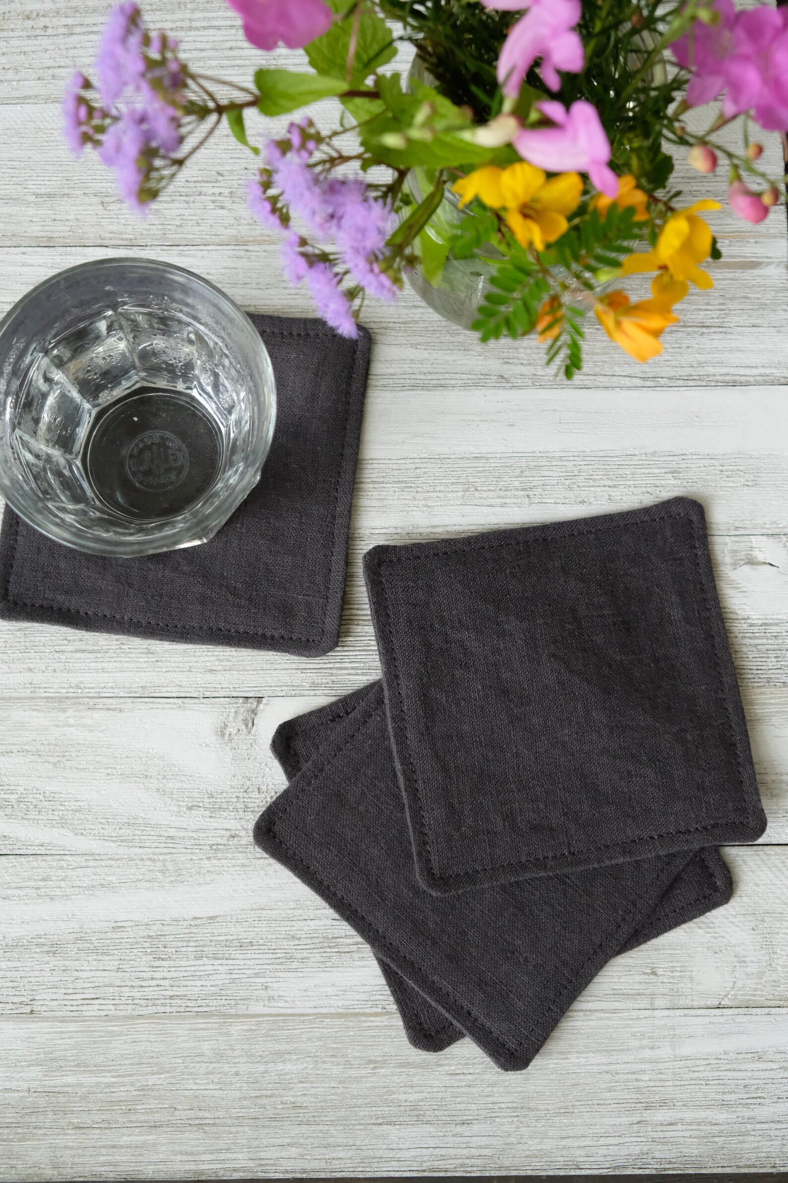 Linen Fabric Coasters Set of 4 / Deep Steel Dark Gray / | Etsy