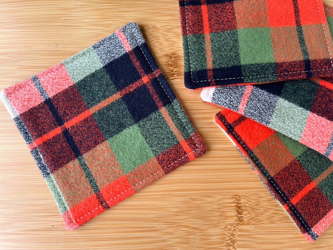 Fabric Coasters Set of 4 / Cotton Flannel / Plaid / Orange Navy Multi ...