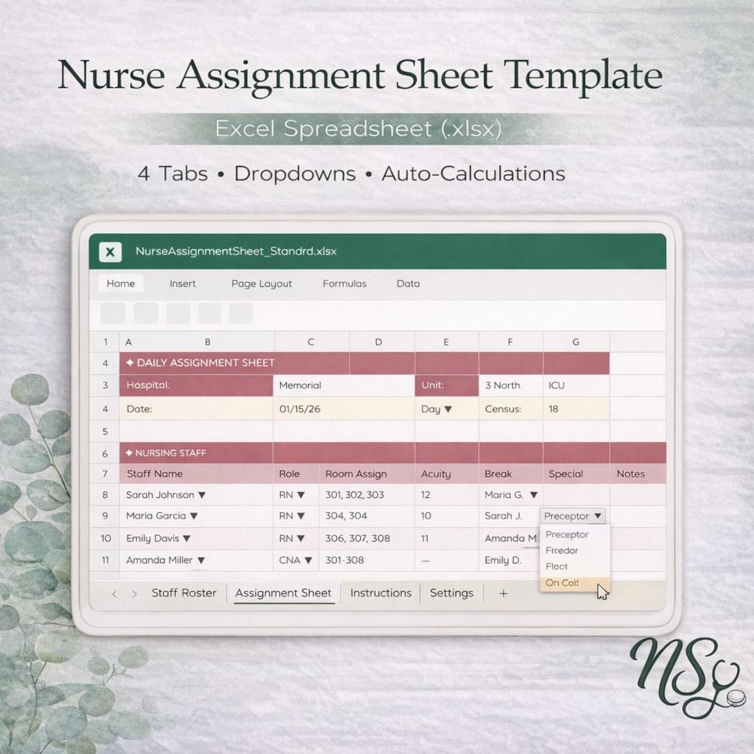 Nurse Assignment Sheet Excel Template | Charge Nurse Staffing | RN CNA ...