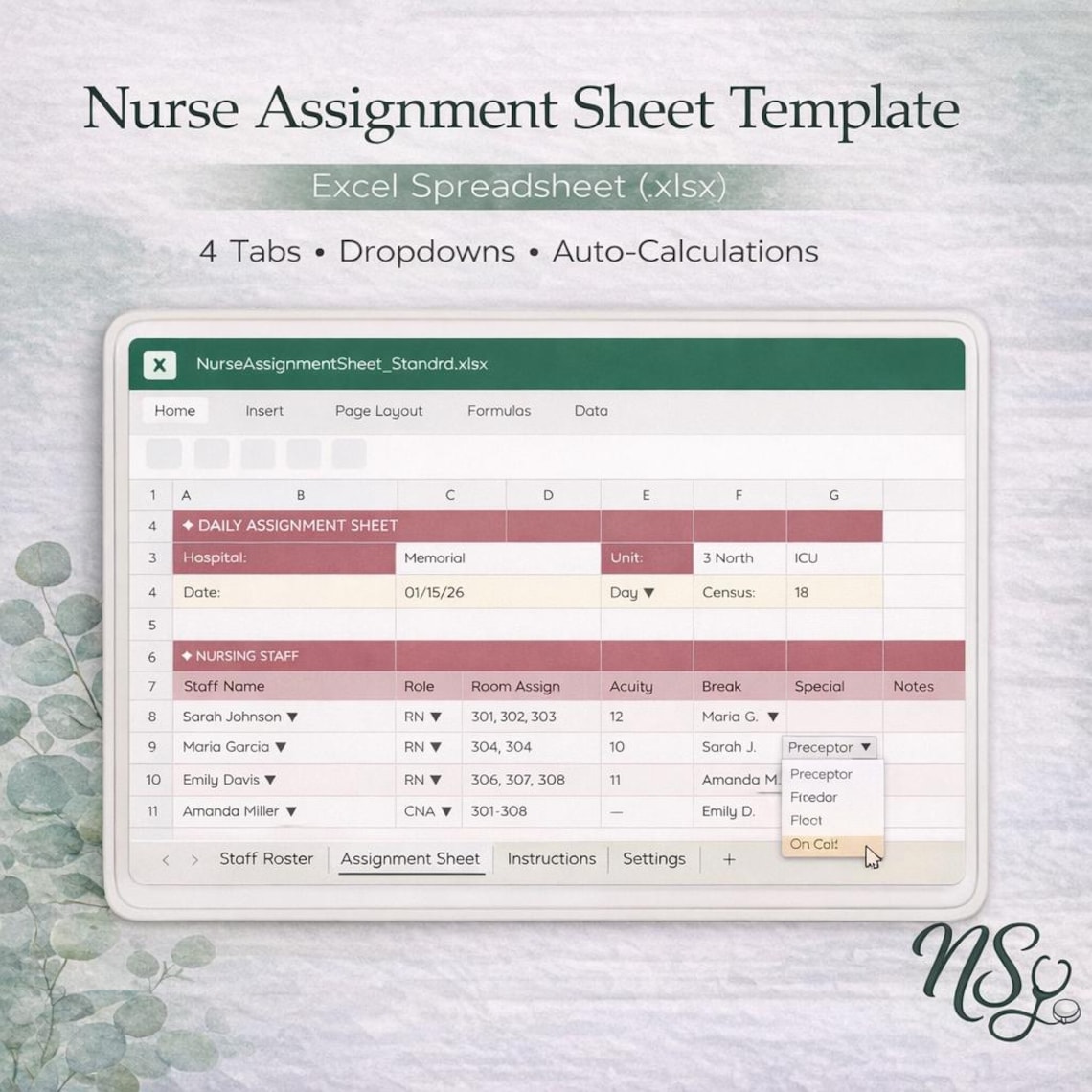 Nurse Assignment Sheet Excel Template | Charge Nurse Staffing | RN CNA ...
