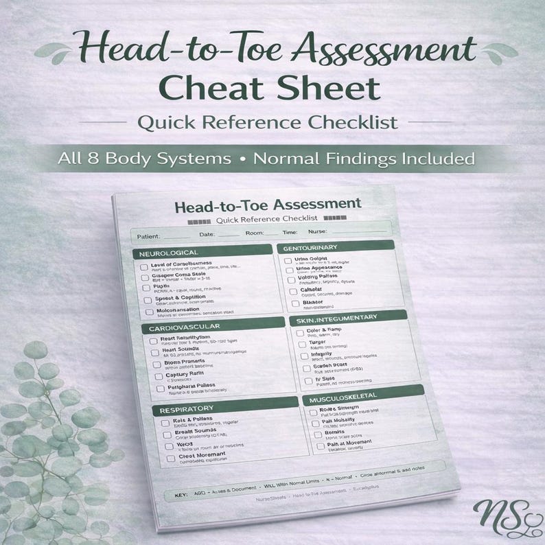 Head to Toe Assessment Cheat Sheet | Nursing Student | Clinical ...