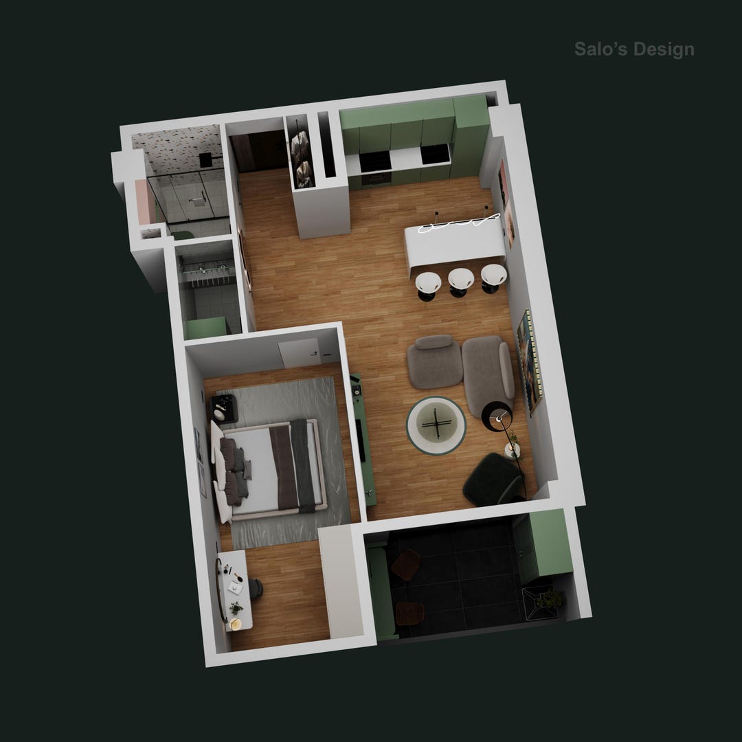 Modern Studio Apartment 3D Design – Laundry & Balcony Renders (digital ...