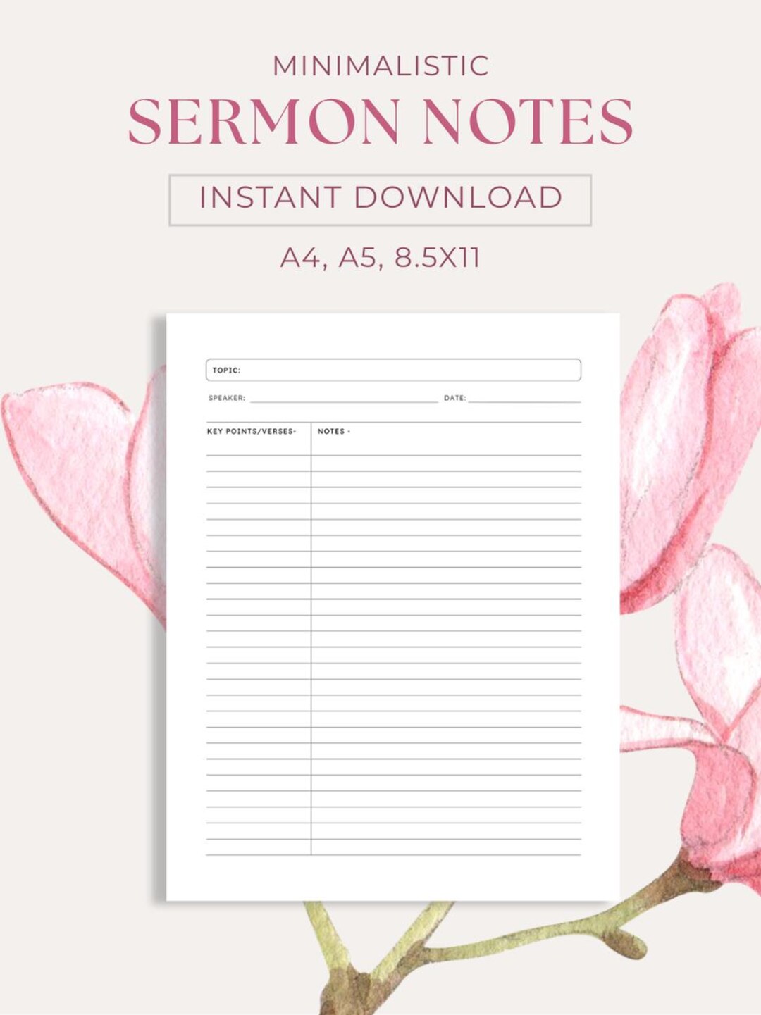 Sermon Notes Printable Template | Minimalist Bible Study (A4, A5, US ...