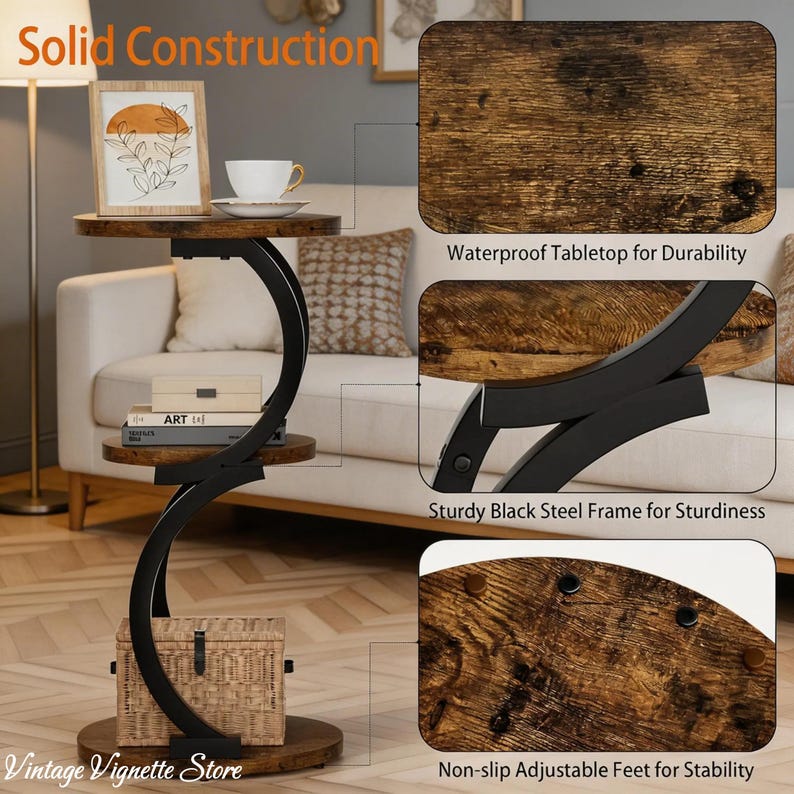 3-tier Round Side Table, S-shaped Table for Small Spaces, Rustic Wood ...
