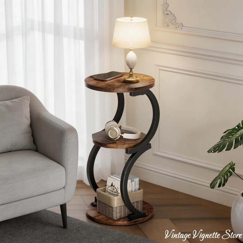 3-tier Round Side Table, S-shaped Table for Small Spaces, Rustic Wood ...