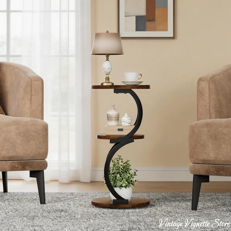 3-tier Round Side Table, S-shaped Table for Small Spaces, Rustic Wood ...