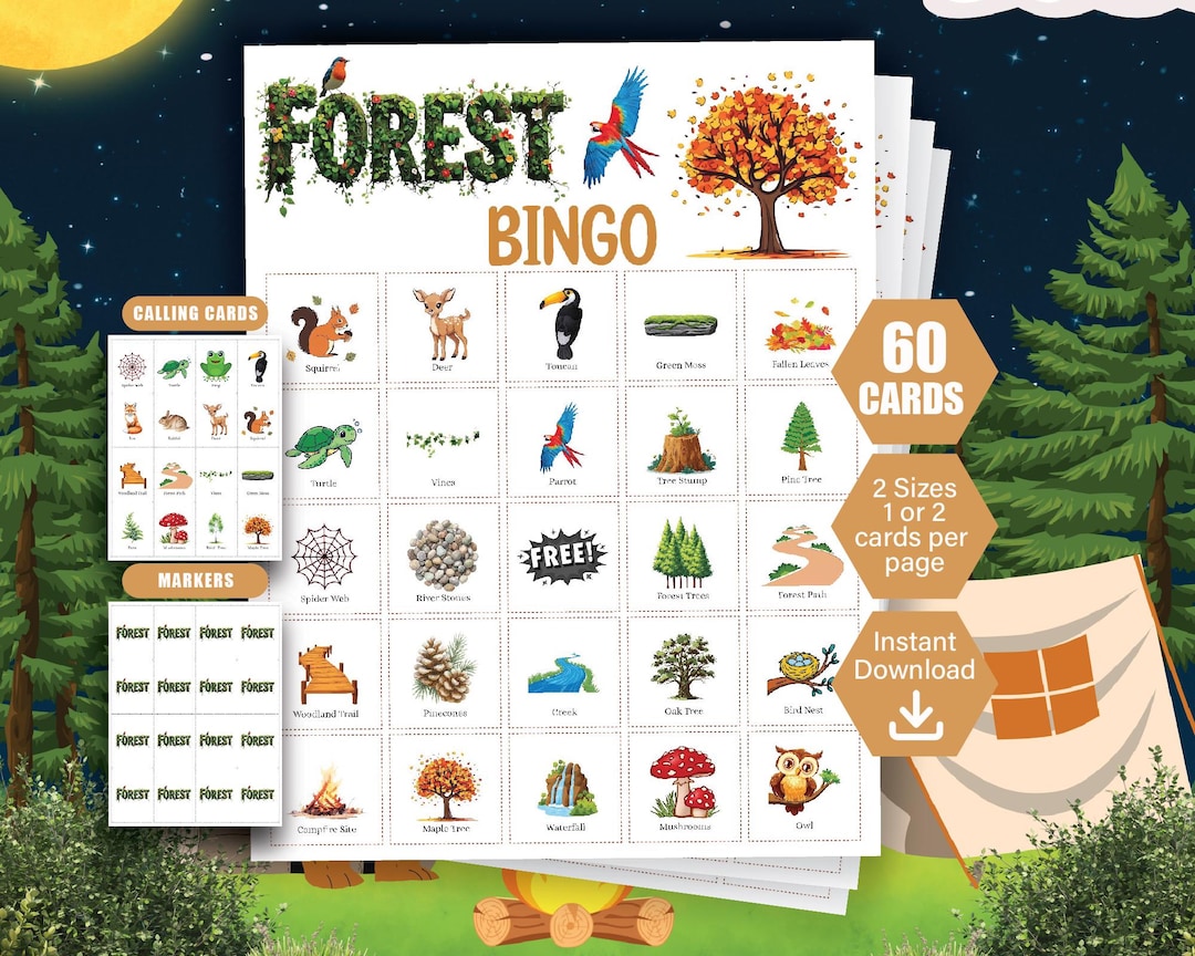60 Forest Bingo Cards, Woodland Bingo, Forest Party Game, Nature Bingo ...