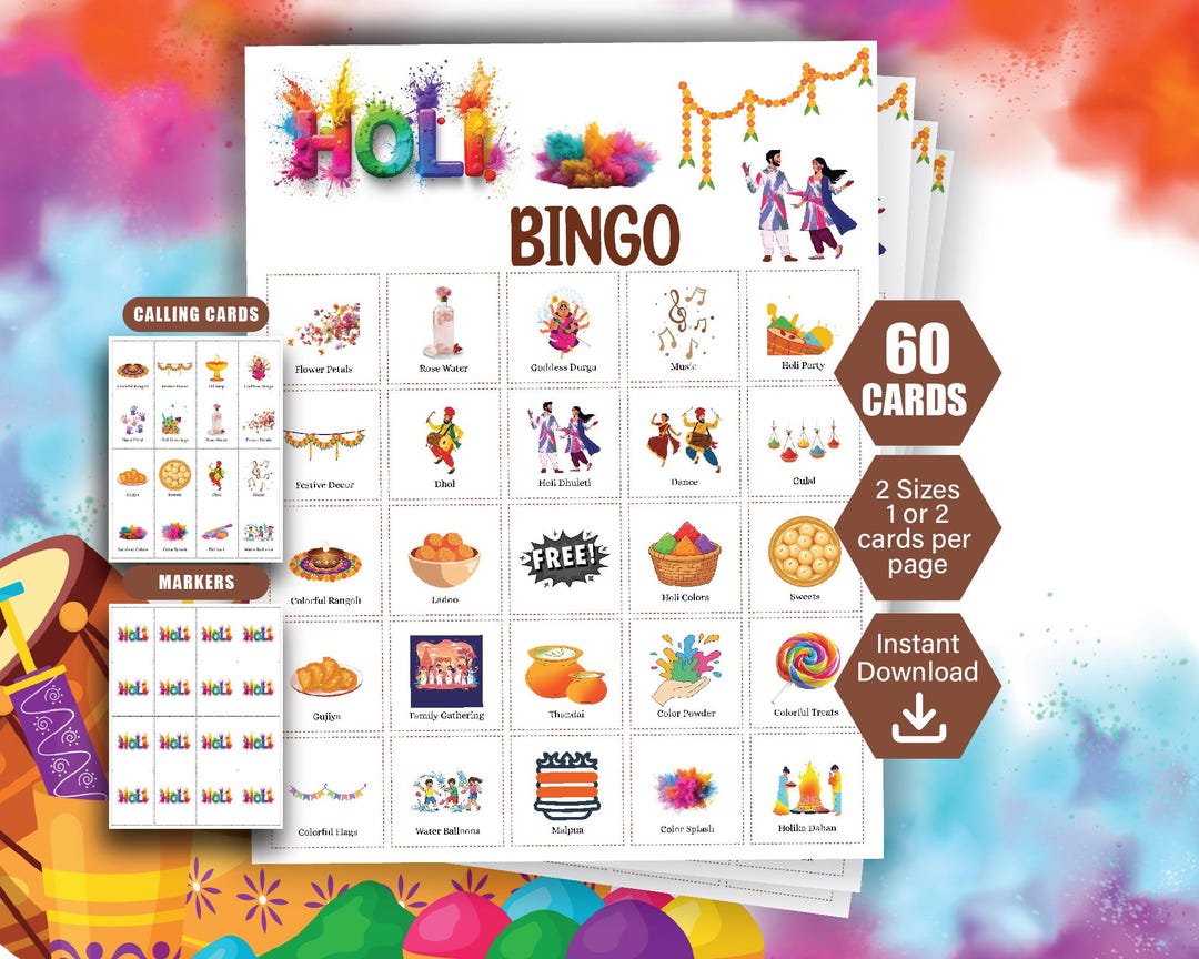 60 Holi Bingo Cards, Happy Holi Party Game, Color Bingo, Festival Bingo ...