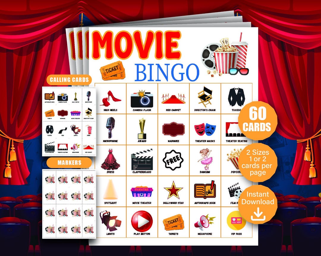 60 Movie Bingo Cards, Movie Bingo, Hollywood Bingo, Movie Night Bingo ...
