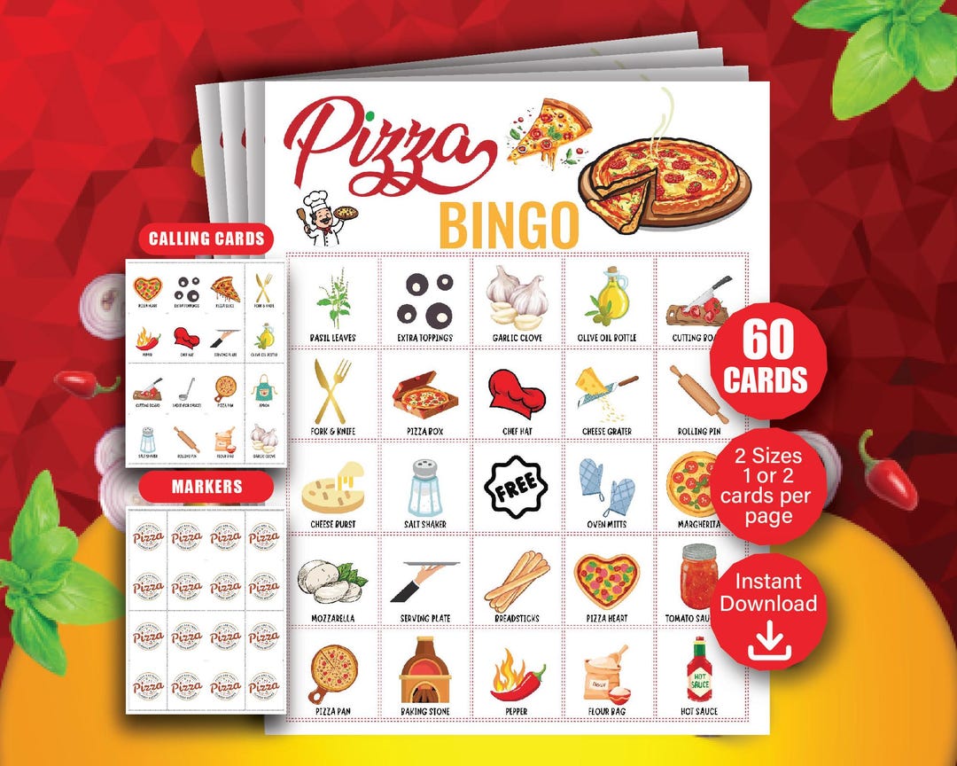 60 Pizza Bingo Cards, Pizza Party Bingo, Pizza Themed Bingo, Pizza Game ...