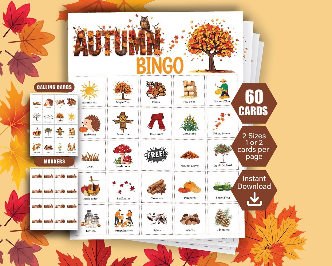 Fall Bingo, 60 Fall Autumn Bingo, Thanksgiving Bingo, Autumn Bingo ...