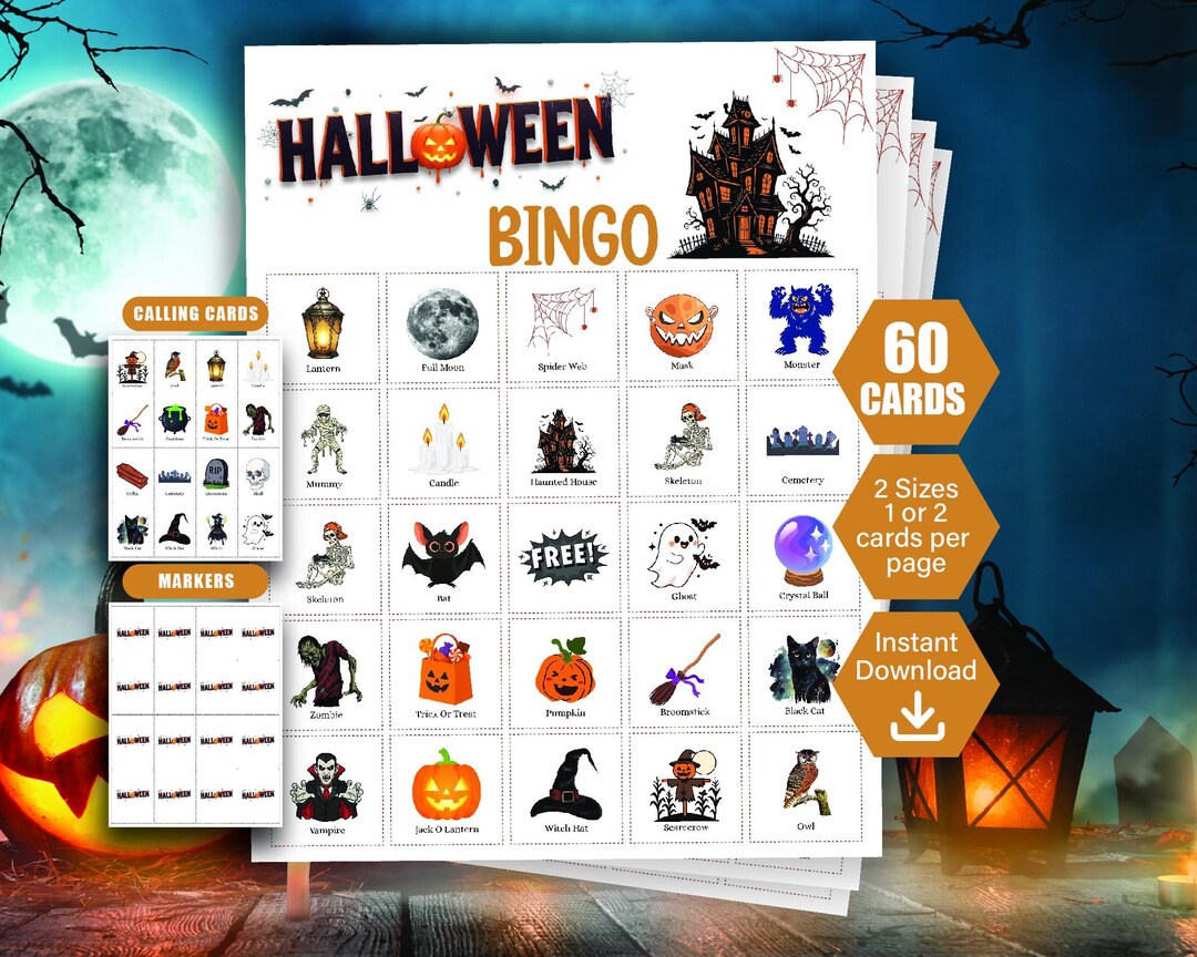 60 Halloween Bingo, Spooky Bingo, Halloween Party Game, Trick or Treat ...