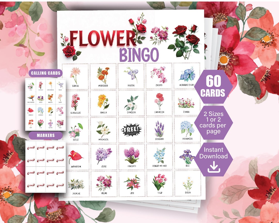 60 Flower Bingo Cards, Spring Bingo, Floral Bingo, Garden Bingo, Flower ...