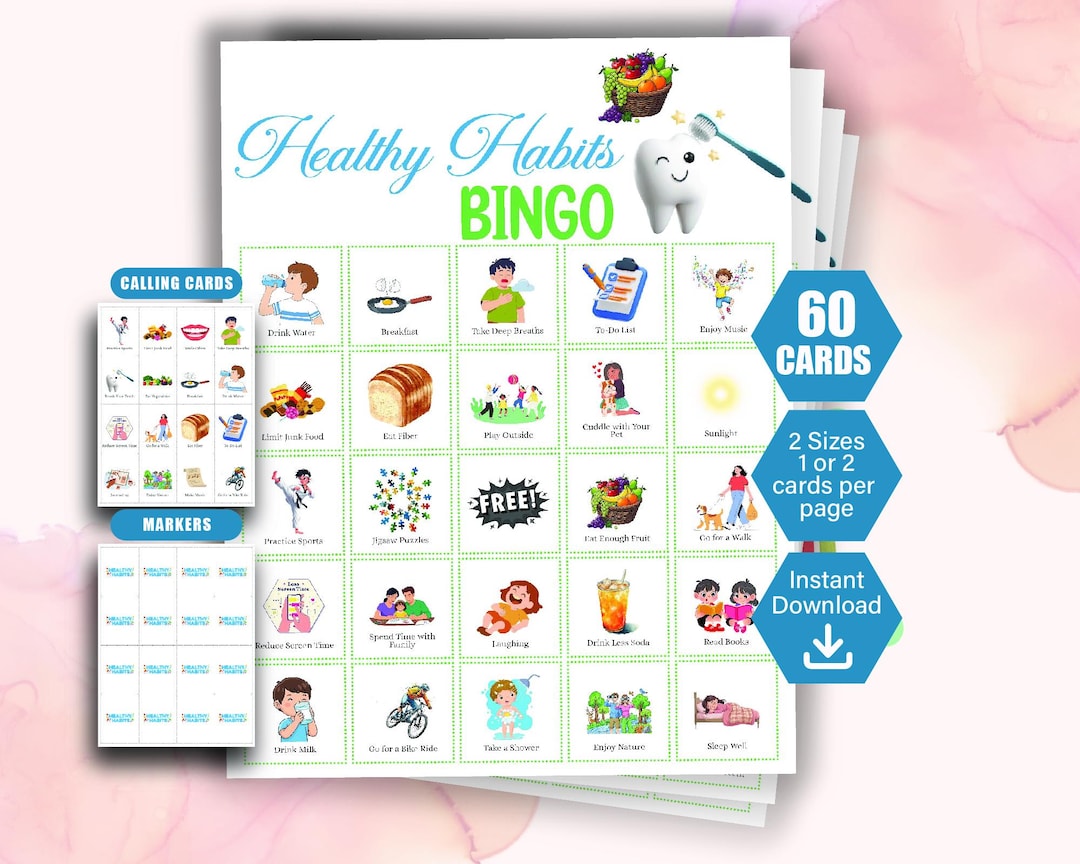 Healthy Habits Bingo, 60 Bingo Cards, Health Bingo, Self Care Bingo ...