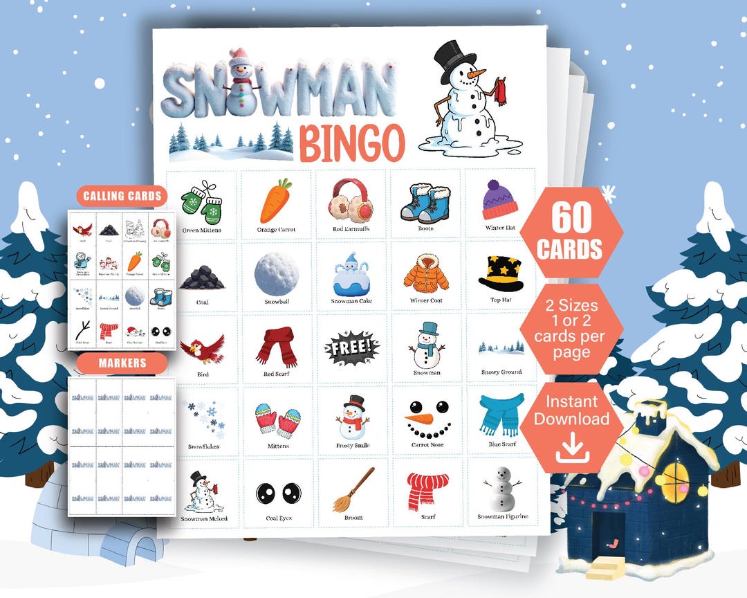 60 Snowman Bingo Cards, Cozy Winter Bingo, Winter Party Game, Winter ...
