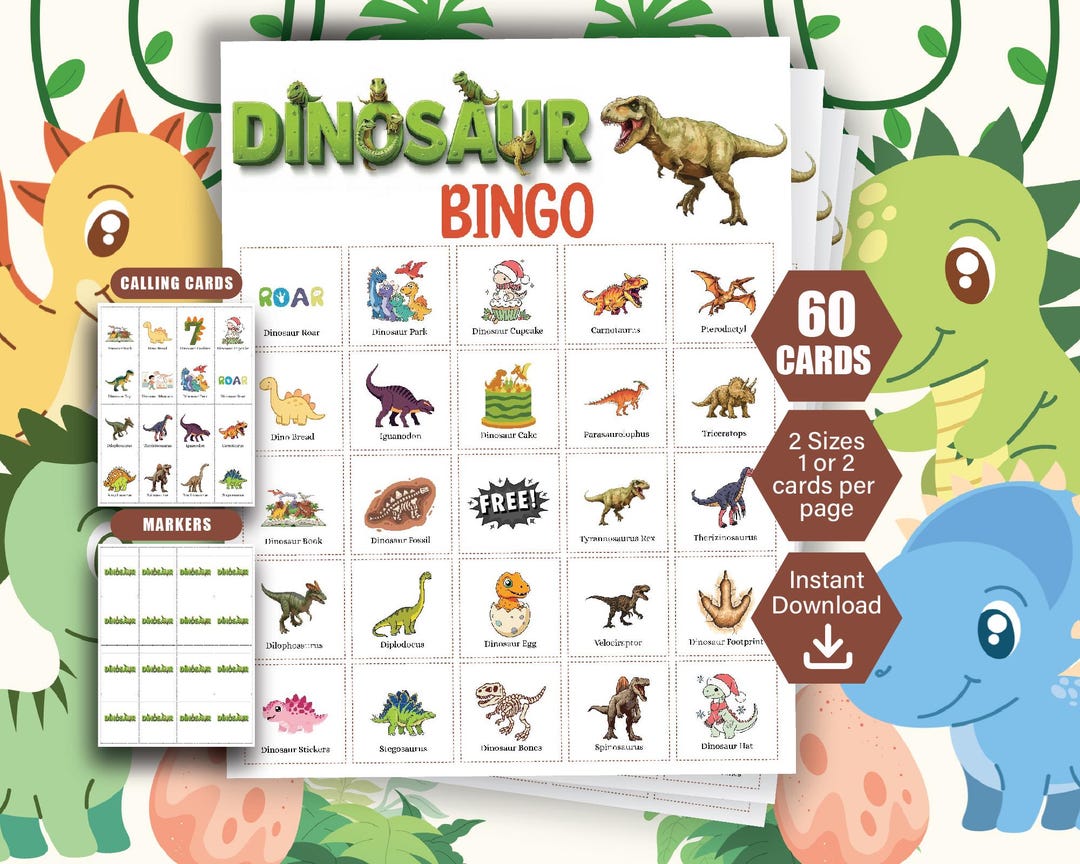 60 Dinosaur Bingo Cards, Dino Bingo, Jurassic Bingo, T Rex Party Game ...