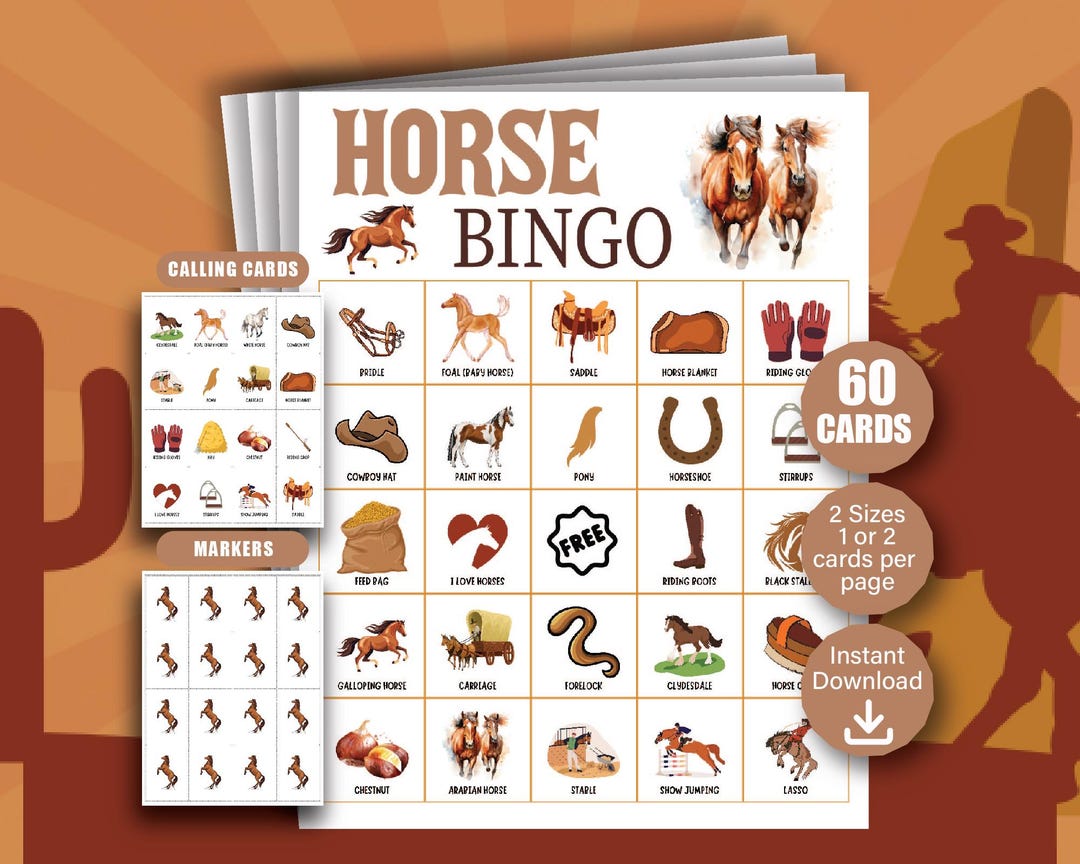 60 Horse Bingo Cards, Horse Race Bingo Cards, Kentucky Derby Party Game ...