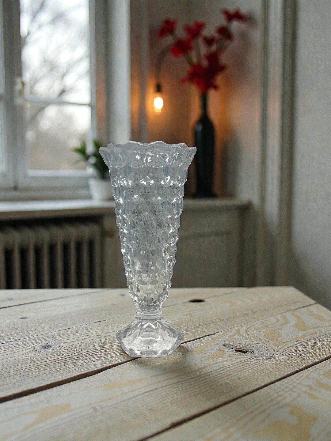 Vintage Clear Glass Pedestal Bud Vase | Diamond Pattern Pressed Glass ...