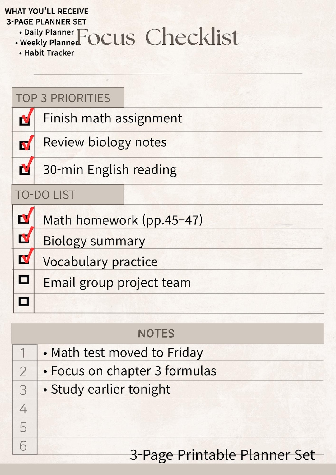 Focus Checklist Printable | Simple Focus Planner PDF | Instant Download ...