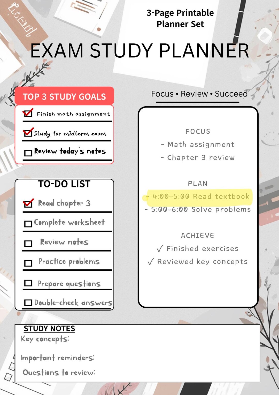 Exam Study Planner Printable | Focus Study Planner PDF | Student Study ...