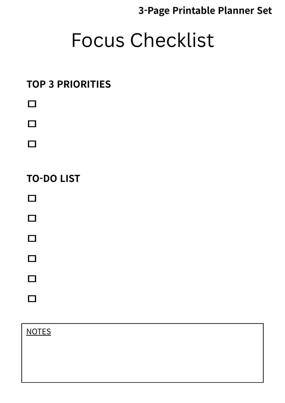 Focus Checklist Printable | Simple Focus Planner PDF | Instant Download ...