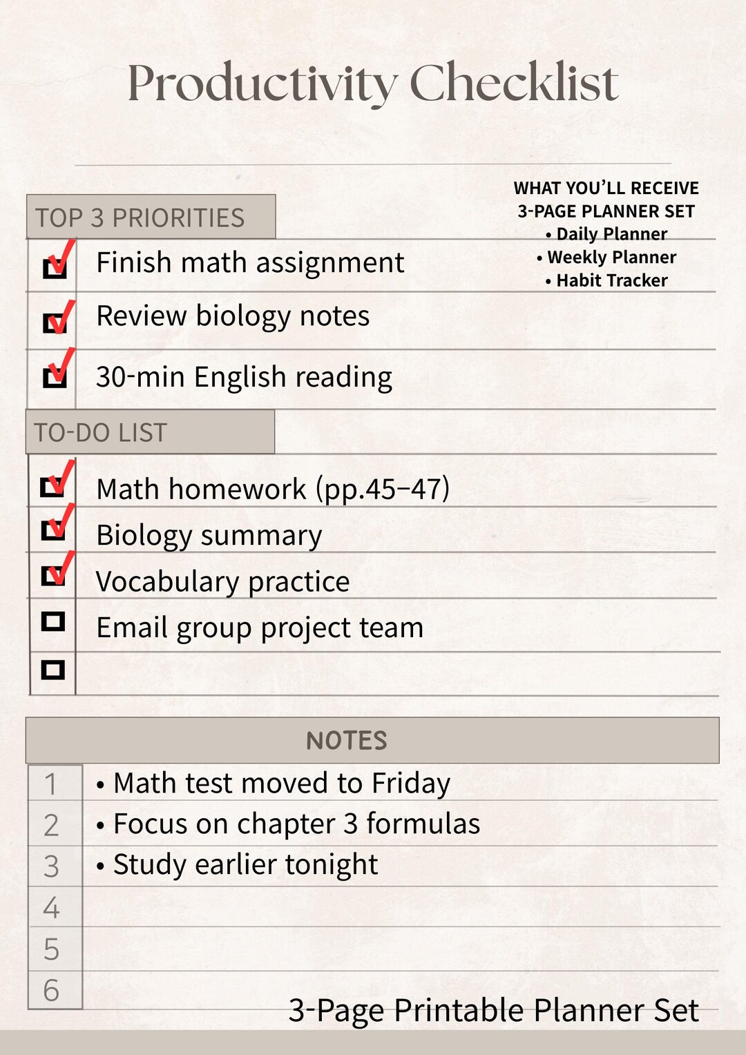 Productivity Checklist Printable | Daily Focus Planner | Instant ...