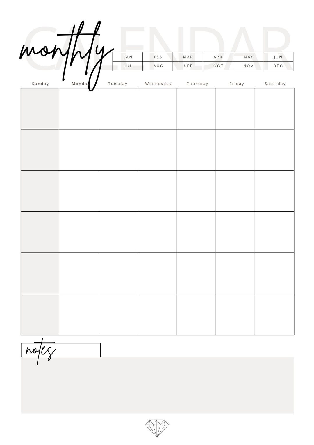 Monthly Calendar Printable | Editable PDF | Instant Download Digital ...