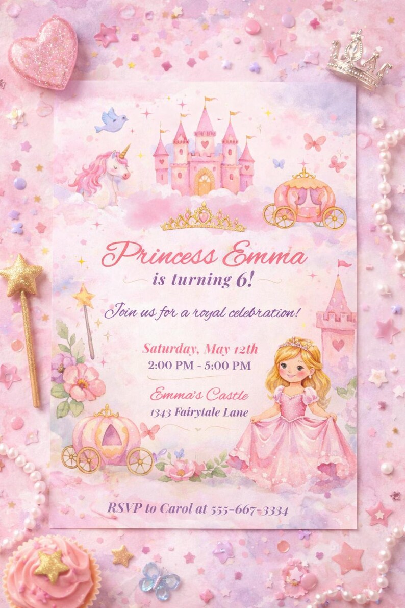 Editable Princess Birthday Invitation, Pink Unicorn Invite - Etsy