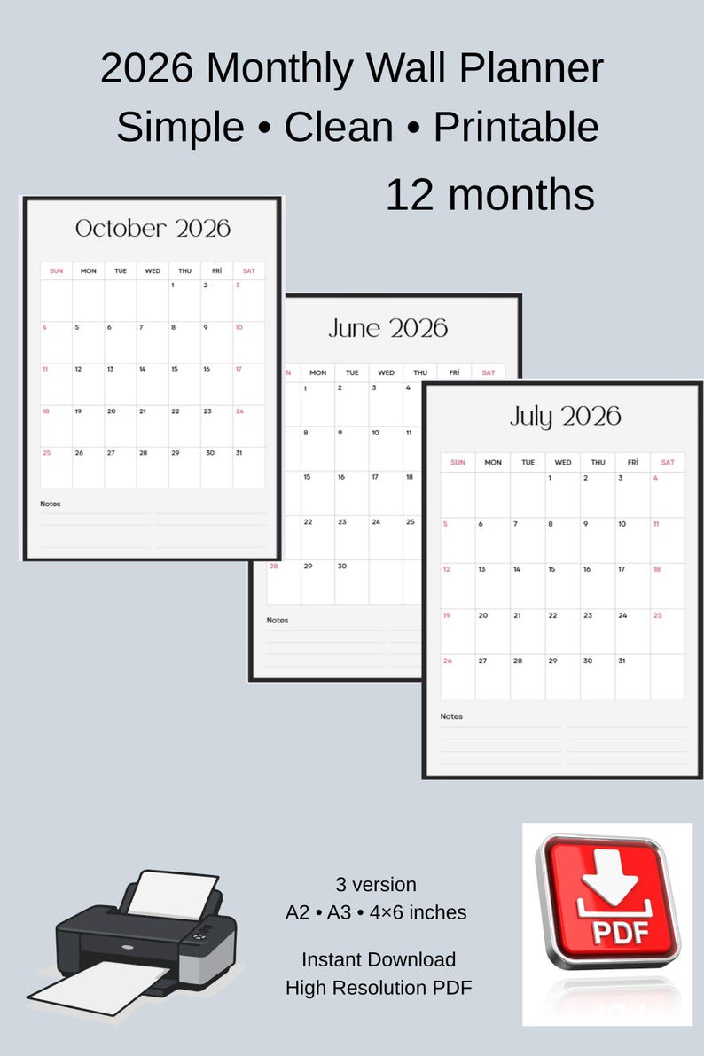 2026 Minimalist Wall Planner | Large Monthly Calendar (PDF) - Etsy