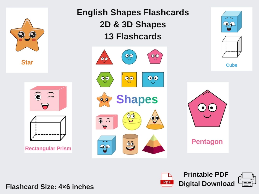 English Shapes Flashcards, 2D & 3D Colorful Printable Learning Cards ...