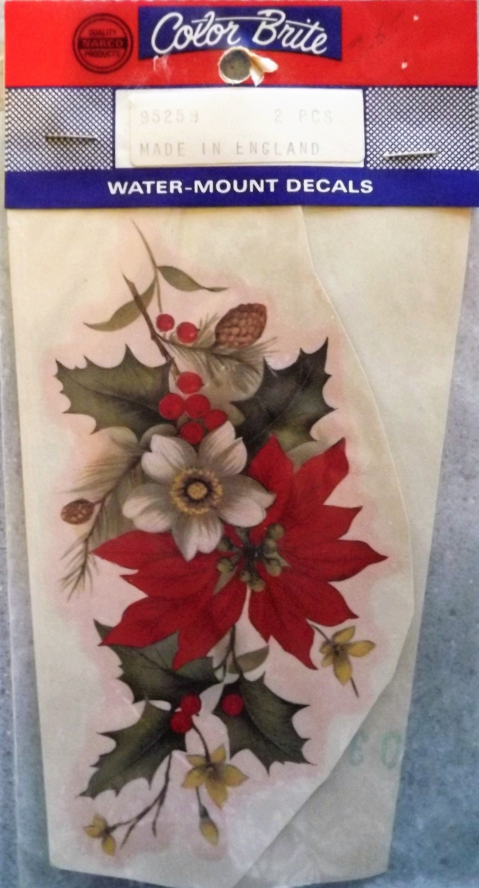 Vintage Water Mount Decals Christmas Poinsettias With Holly, Berries ...