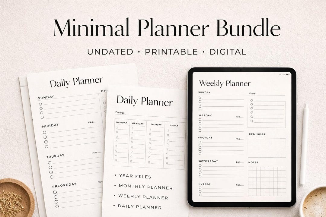 Minimal Planner Bundle | Undated Printable Planner | Daily Weekly ...