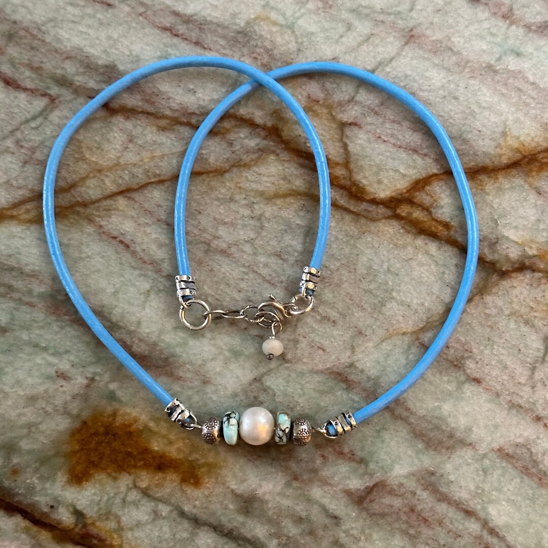 Turquoise Pearl and Hills Tribe Silver Leather Necklace, Artisan Hand ...