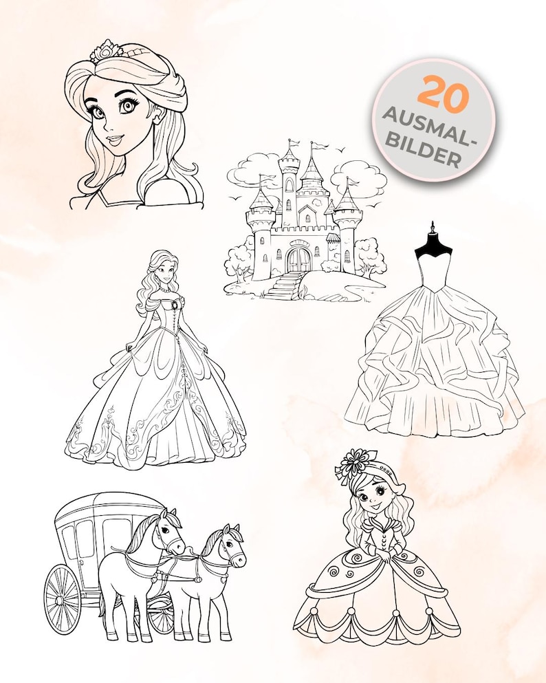 Princess Coloring Pages for Children, 20 Pages to Color, Fairy Tales ...