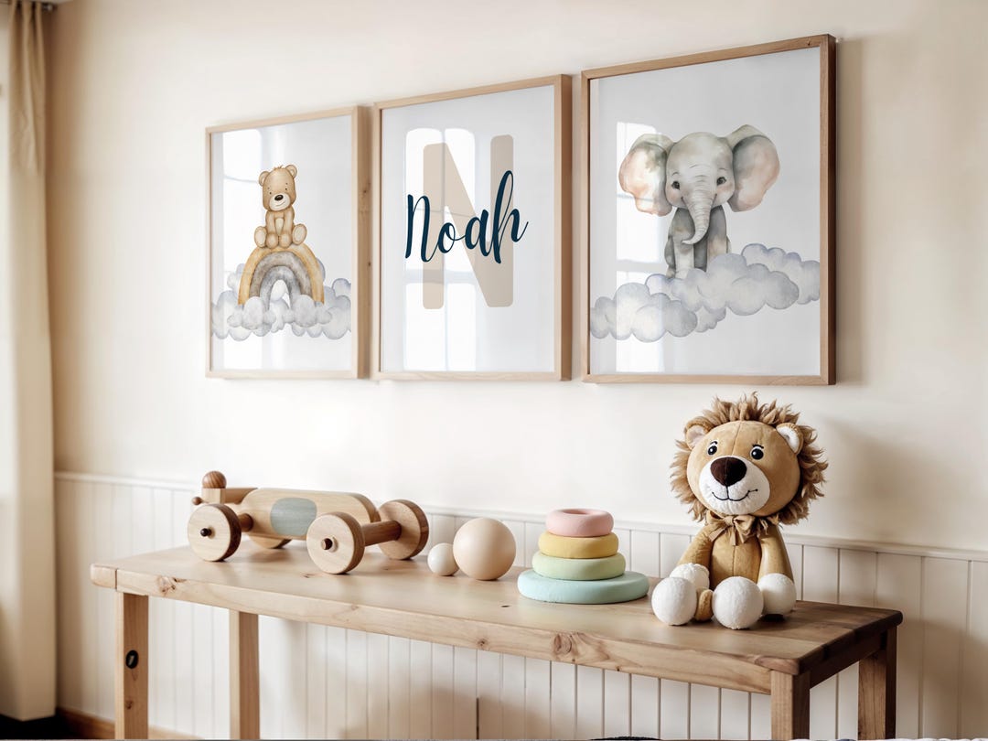 Personalized Nursery Posters With Name – Elephant & Rainbow Bear, Baby ...