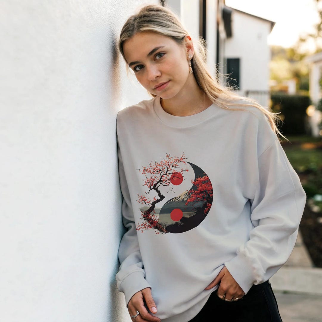 Unisex Yin Yang Sakura Japanese Beige Sweatshirt – Mount Fuji Oversized ...