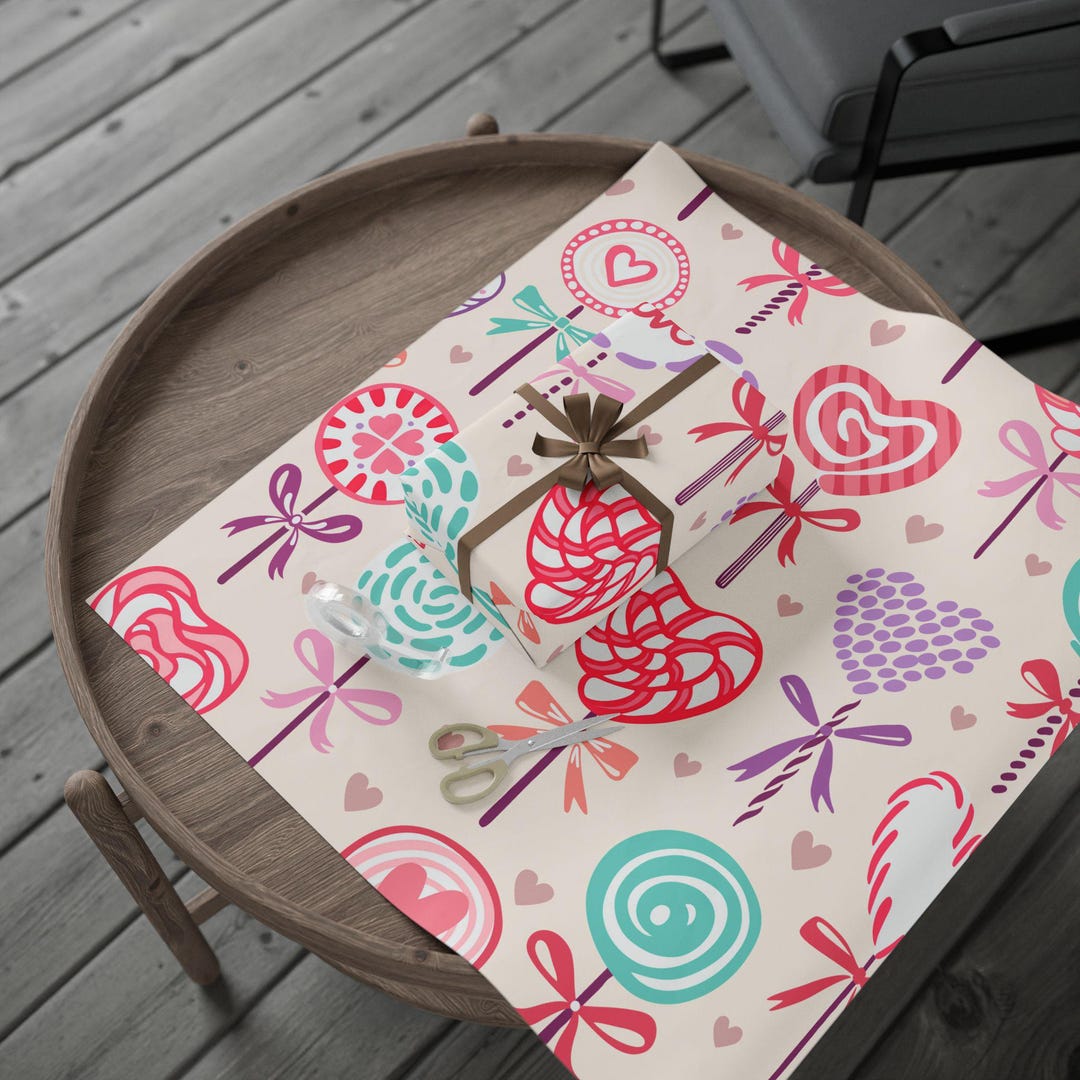 Lollipop Heart Pattern Wrapping Paper | Valentine Candy Holiday Wrap - Etsy
