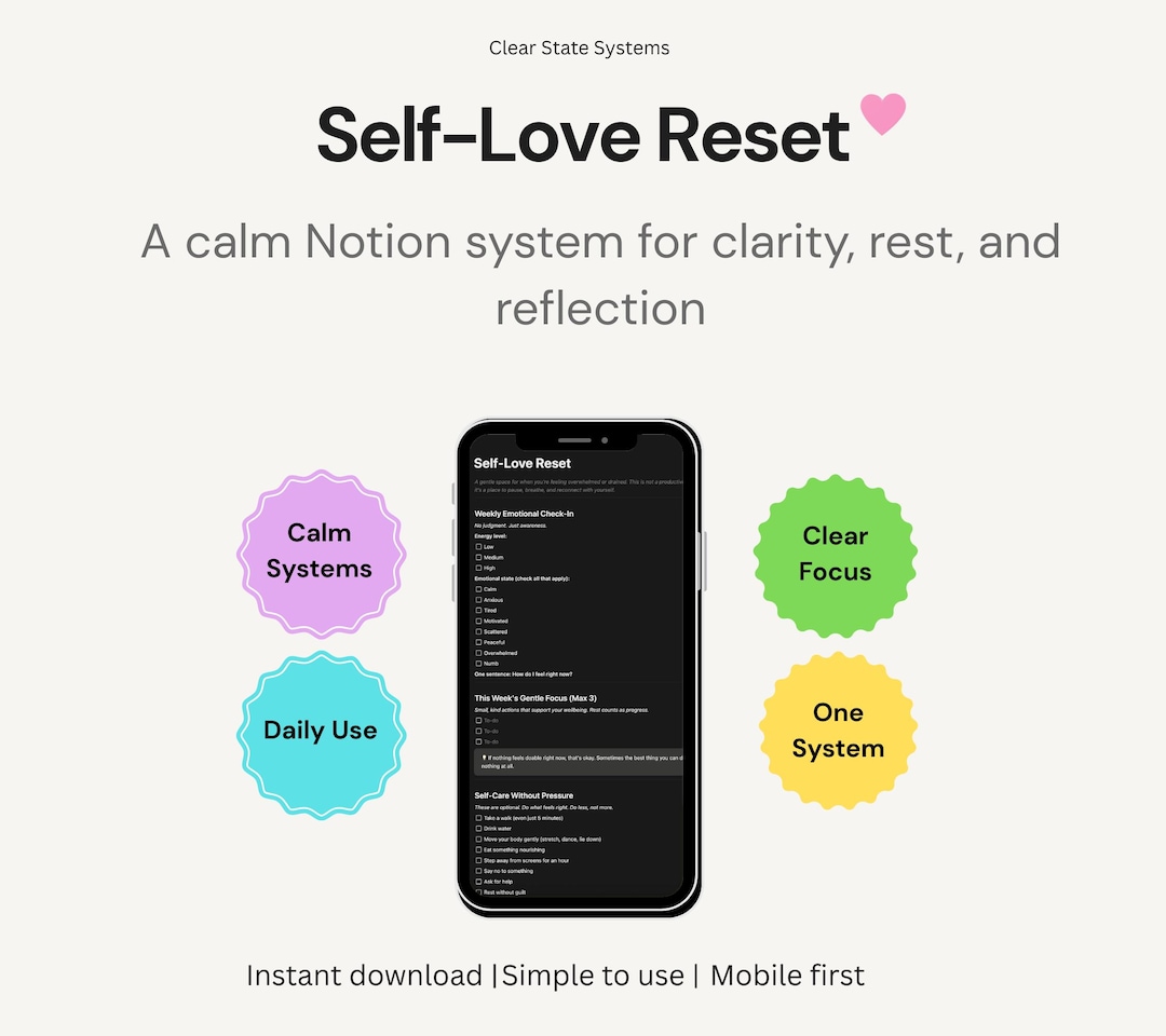 Self Love Reset Notion Template | Calm, Mobile-first Reflection & Self ...
