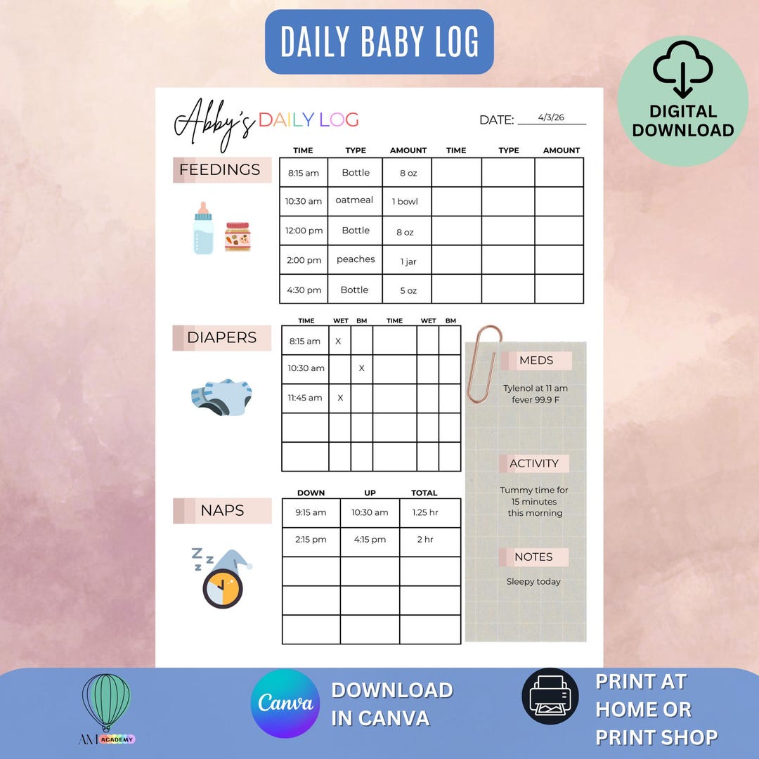 Daily Baby Log Printable, Infant Daily Log, Nanny Form Babysitter ...
